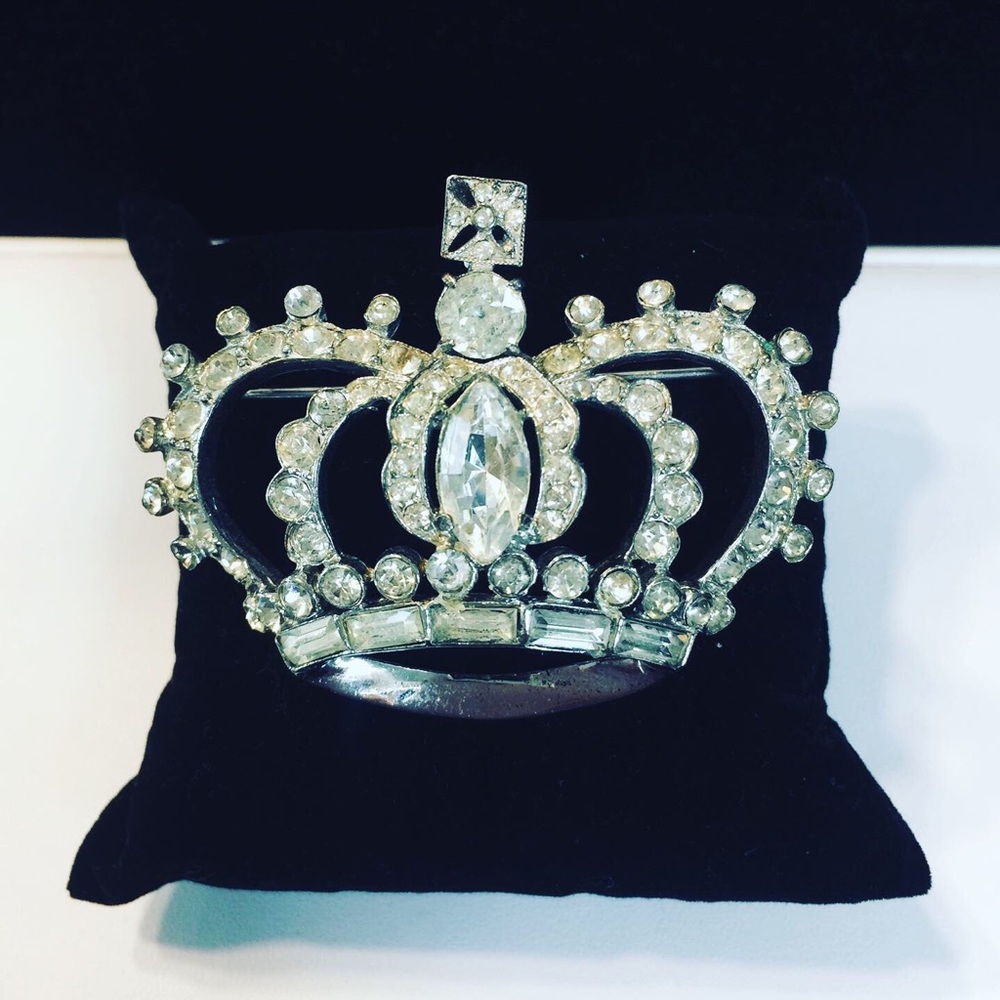 Vintage Coro Craft Sterling Crystal Crown Brooch - Gem